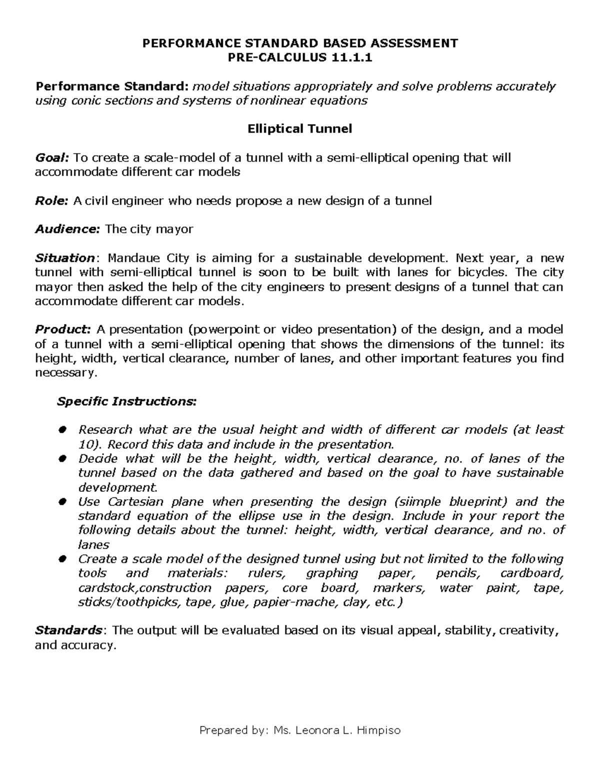 Pre-Calculus 11 - Performance Task - PERFORMANCE STANDARD BASED ...