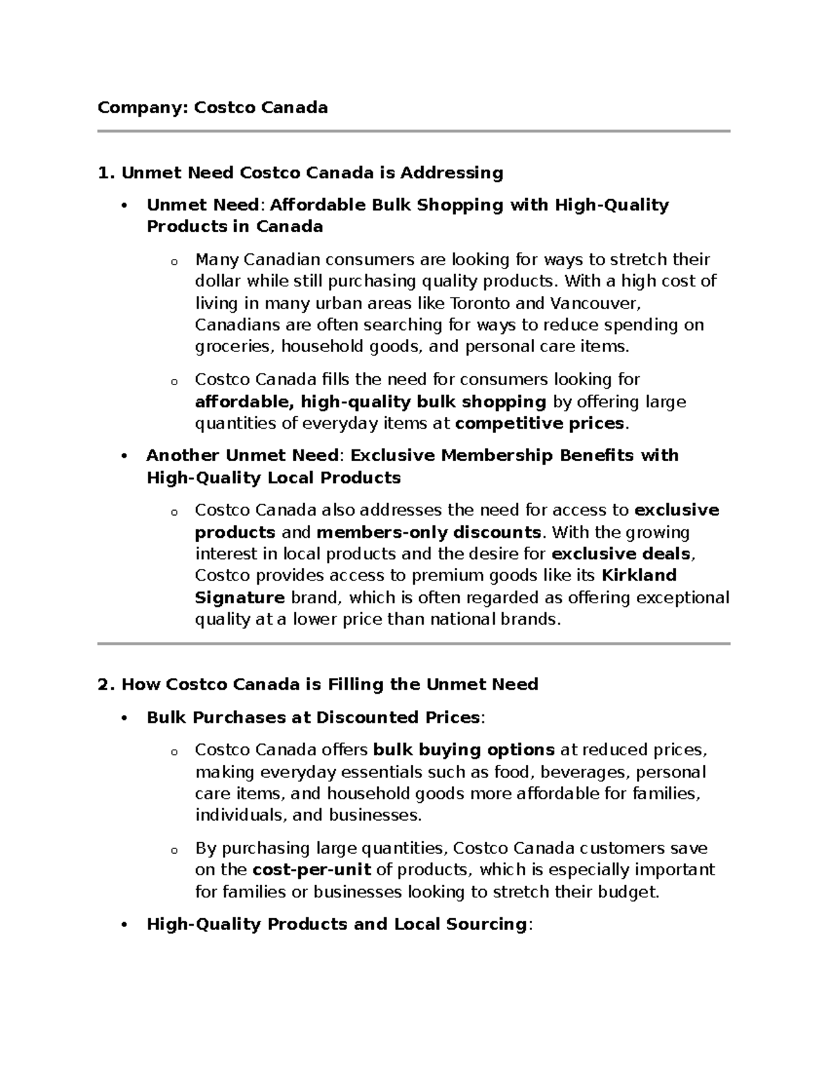 Costco - notes - Company: Costco Canada Unmet Need Costco Canada is ...