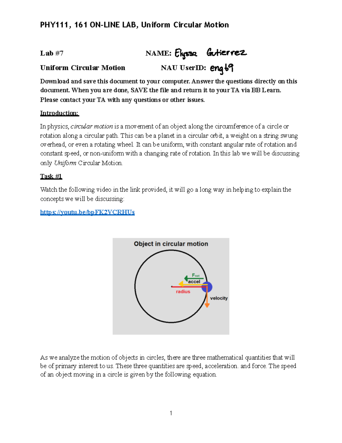 PHY111 Online Lab #7 Uniform Circular Motion - Lab #7 NAME: Uniform Circular Motion NAU UserID ...