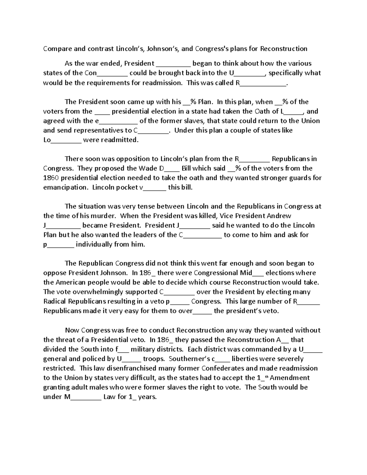 Reconstruction Plans: Comparing Lincoln, Johnson, & Congress Strategies ...