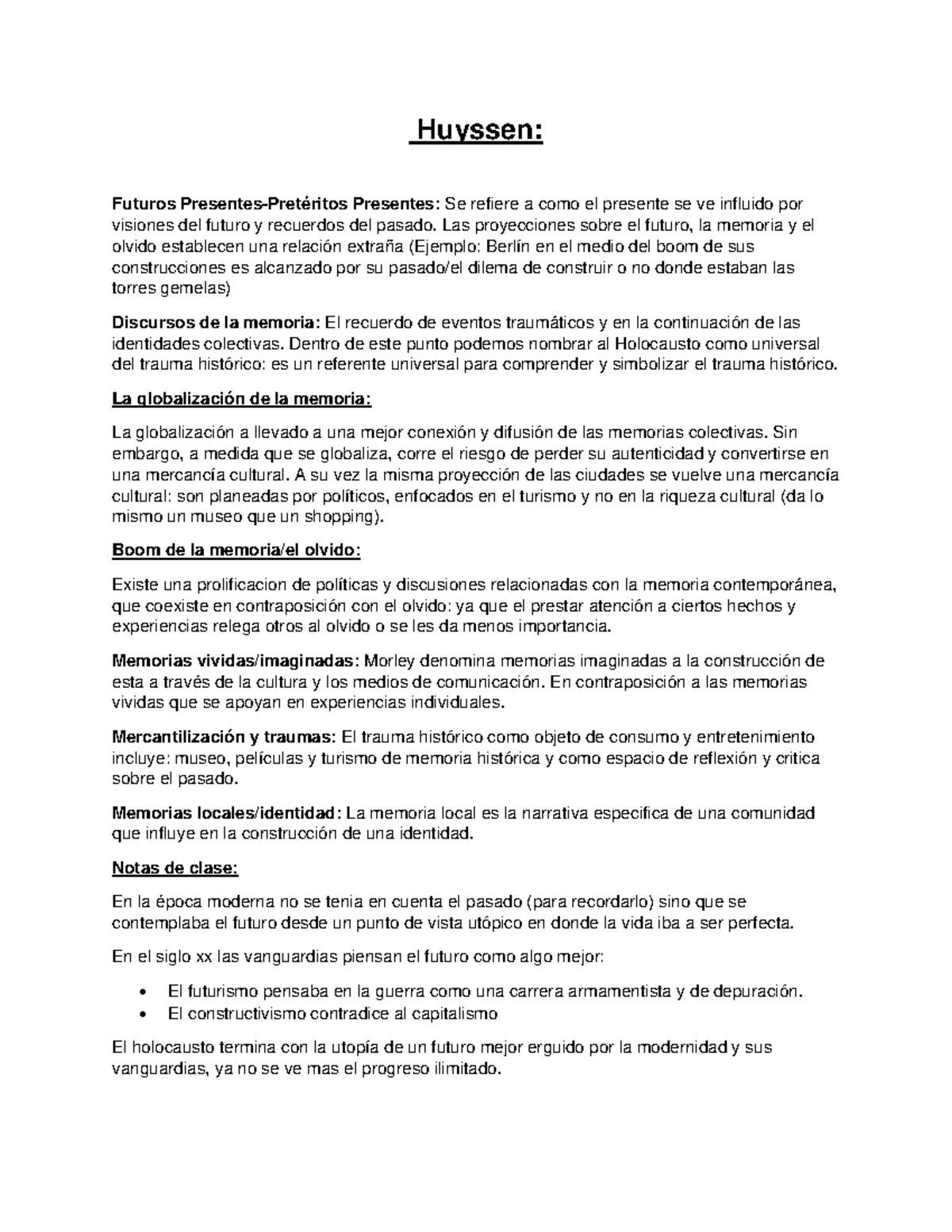 Teoría 11 Huyssen: Resumen sobre Memoria y Futuro - Studocu