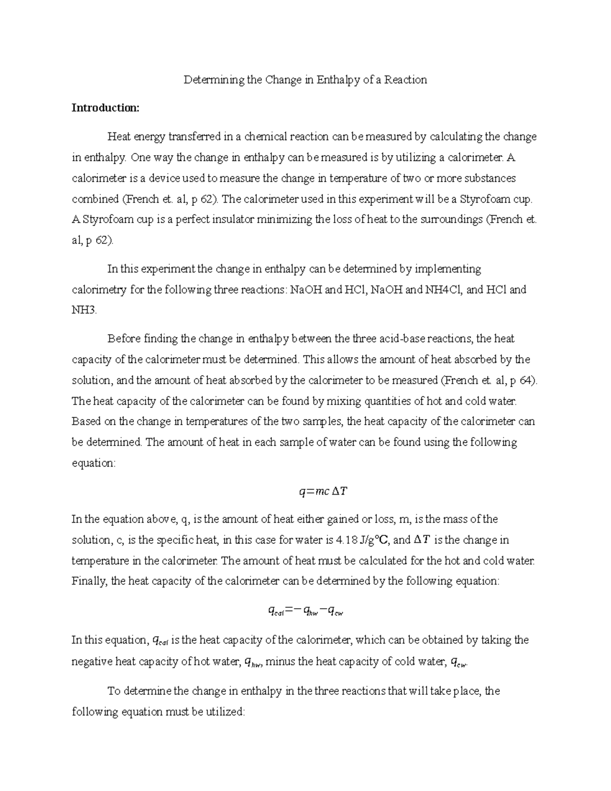 CHE 113 - Experiment 11: Measuring Enthalpy Change Using Calorimetry ...
