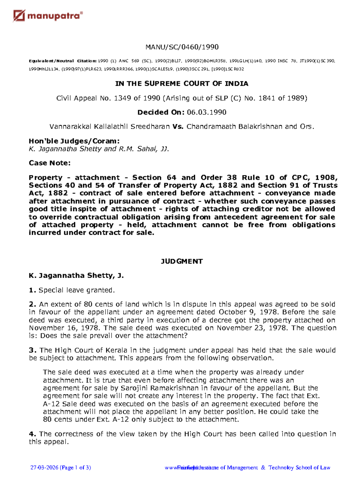 Case Study: Vannarakkal Kallalathil Sreedharan vs. Chandramaath ...