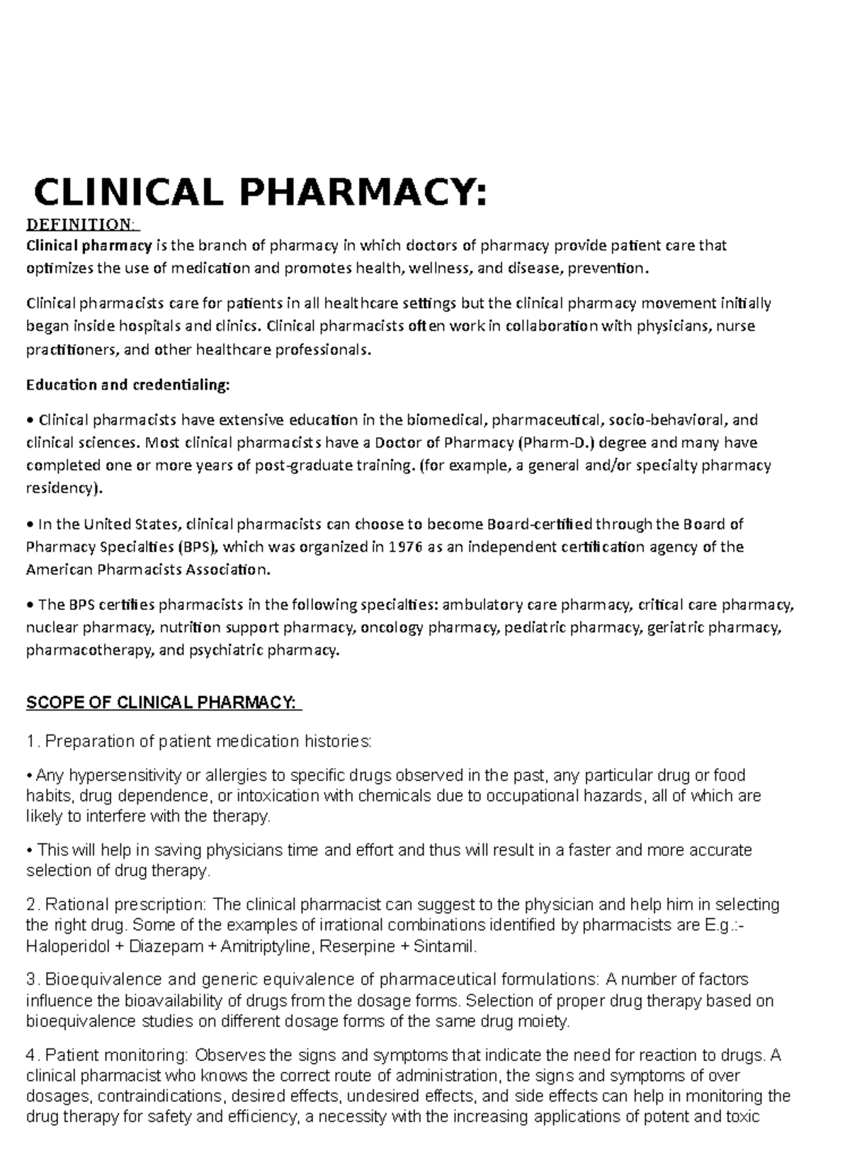 Clinical Pharmacy Overview: Definition, Scope, and Functions - Studocu