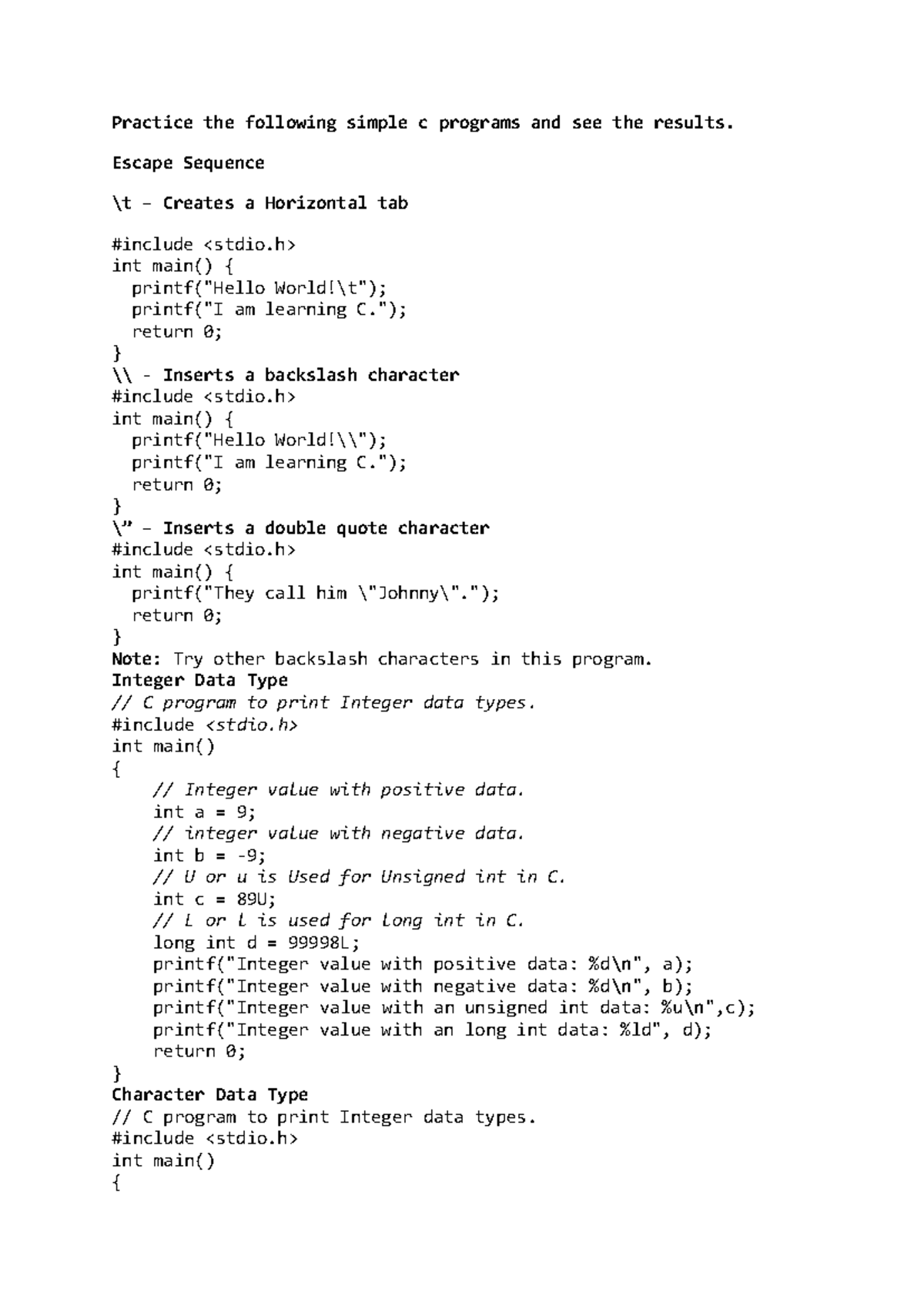 Practice programs exercise - Practice the following simple c programs ...