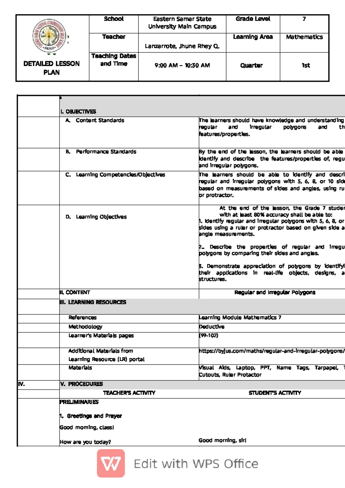 Detailed Lesson Plan: Grade 7 Math on Regular & Irregular Polygons (AIL ...