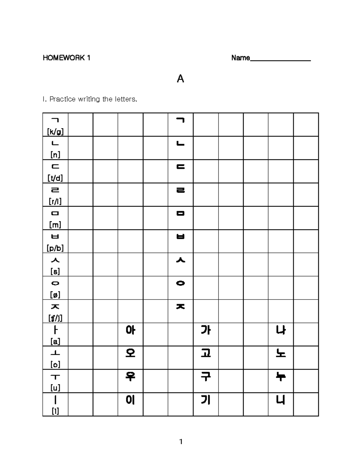 KOR101 Homework 1: Writing Practice for Consonants and Vowels - Studocu