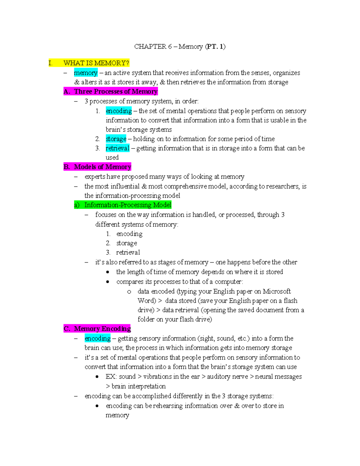 Ch 6 Memory PT 1 - Notes and facts for Chapter 6 - CHAPTER 6 – Memory ...