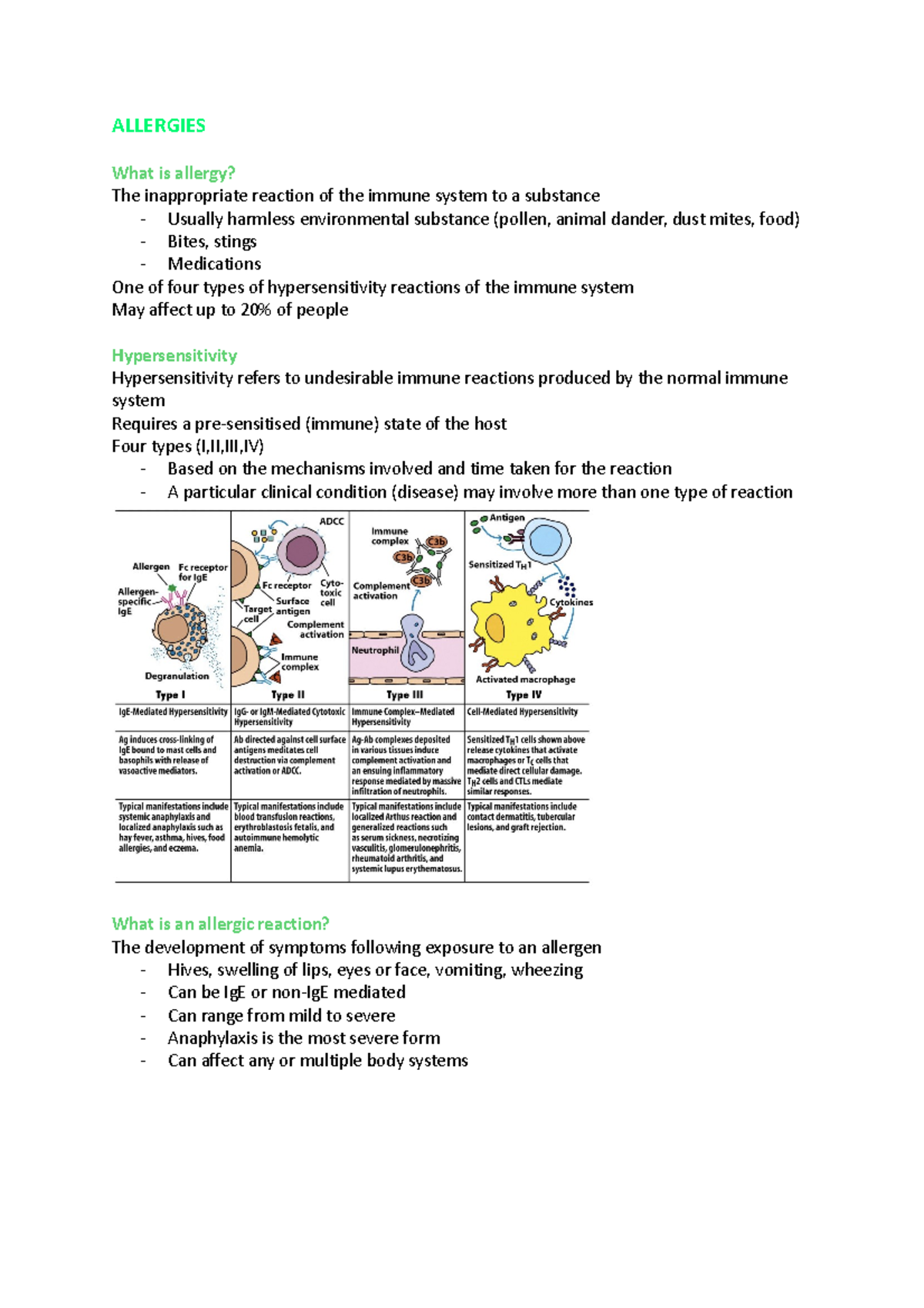 WEEK 4 Allergies - Lecture Notes on Hypersensitivity and Reactions ...