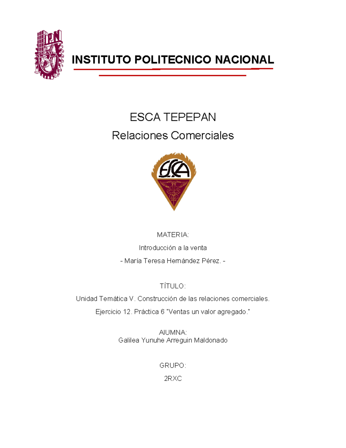 U5A12 “Ventas un valor agregado.” - INSTITUTO POLITECNICO NACIONAL ESCA ...
