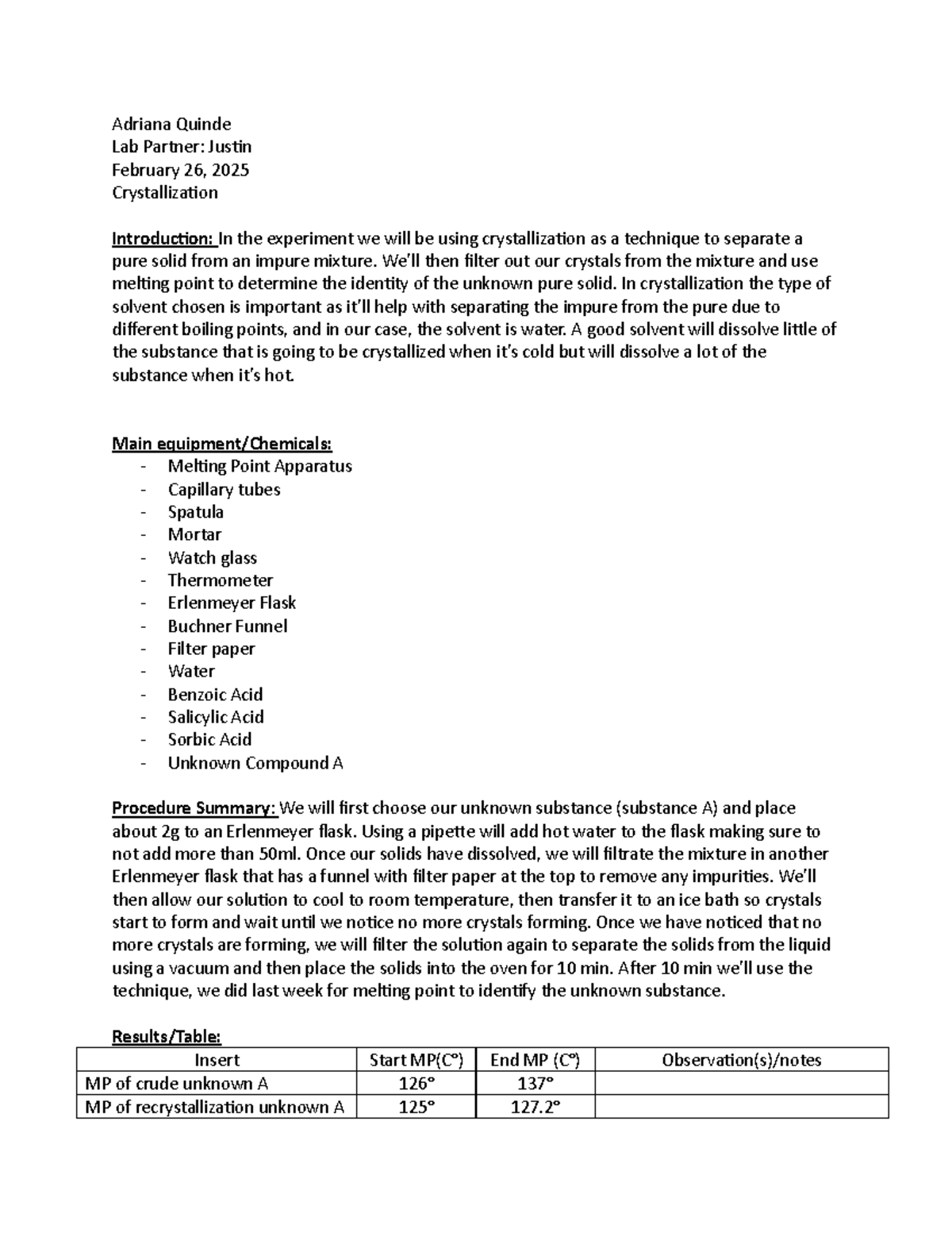 Crystallization lab report: Identifying unknown compound A (Chem 101) - Studocu