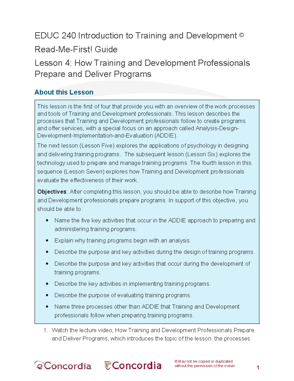 EDUC 240 Lesson 4: Preparing and Delivering Training Programs Guide ...