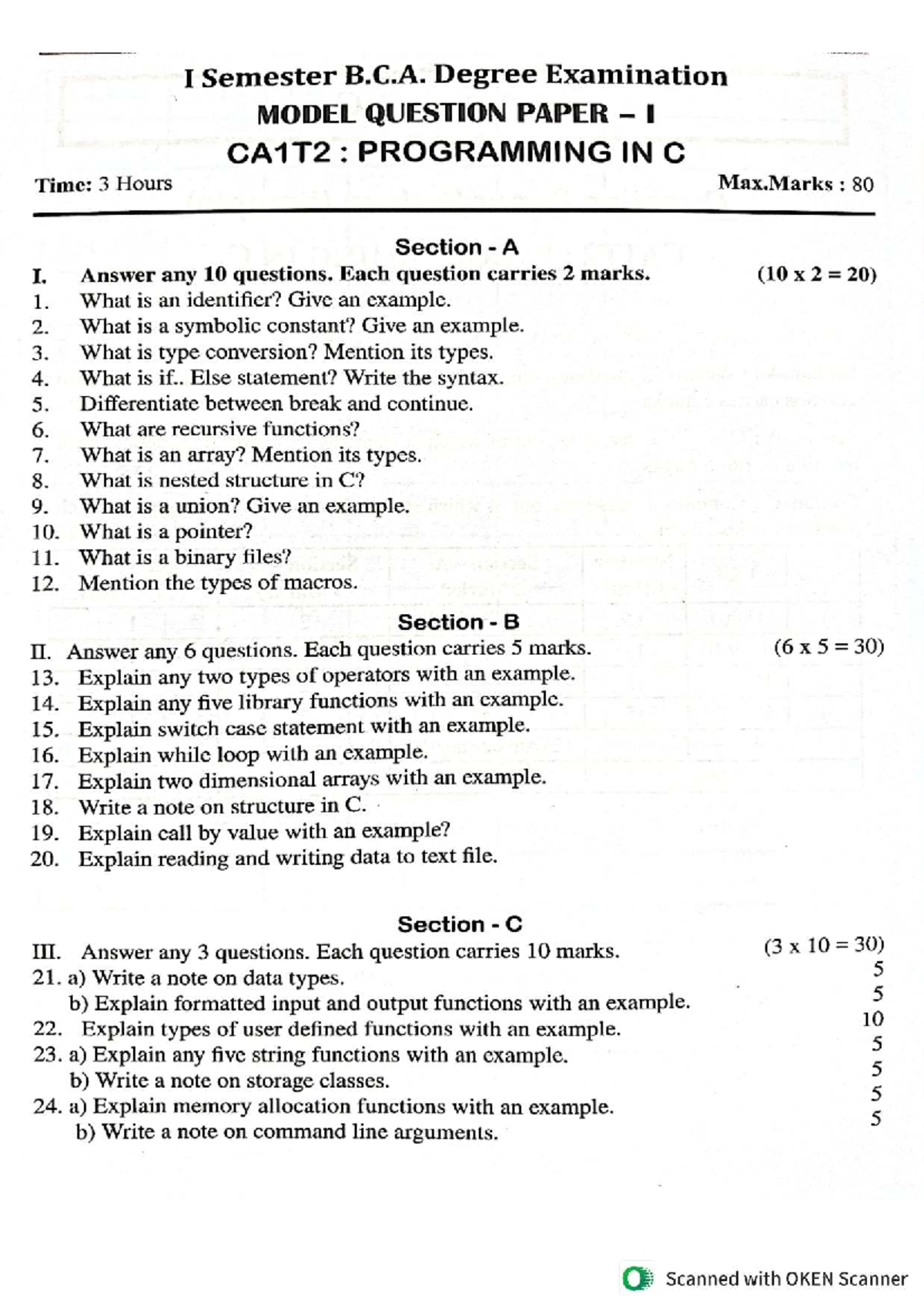 I Semester B.C.A. Model Question Paper II - Programming in C - Studocu