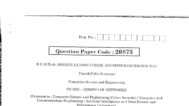 CS3591 COMPUTER NETWORKS Question Paper Collection 2023-2024 - Studocu