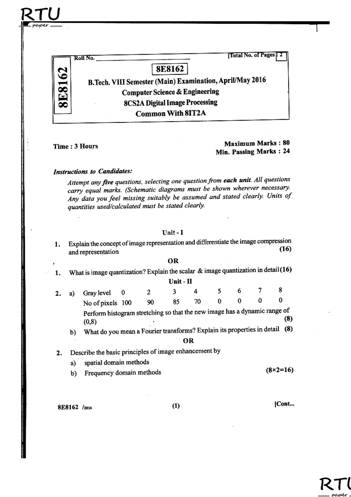 2016 Digital Image Processing - RTU paper Roll No. No. of Pages E 2 ...