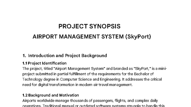 SkyPort Project Synopsis: Airport Management System (B.Tech CSE) - Studocu