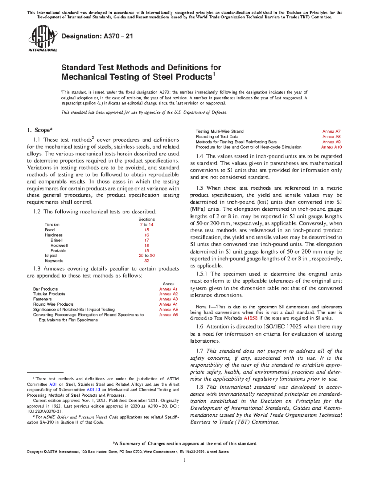 ASTM A370-21 Standard Test Methods for Mechanical Testing of Steel ...