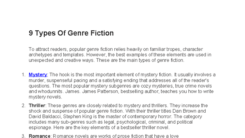 9 Types of Genre Fiction: Exploring Key Elements and Tropes - Studocu