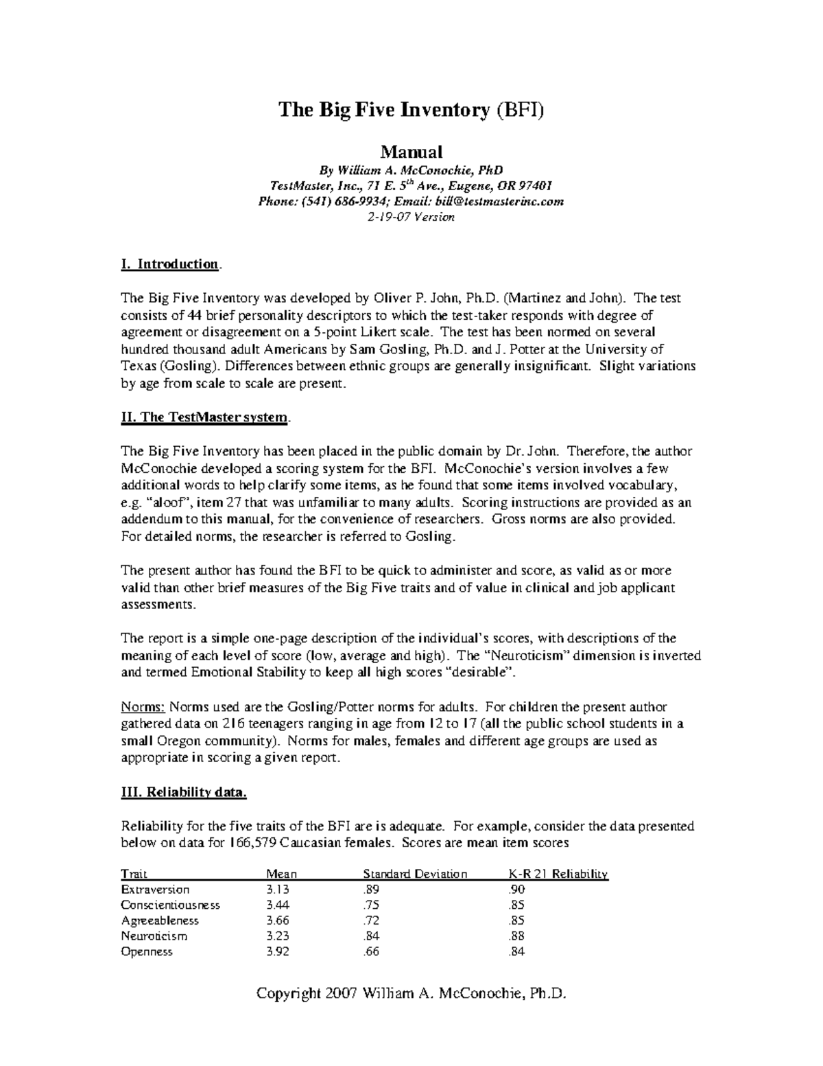 BFI Manual: Comprehensive Guide to the Big Five Inventory - Studocu