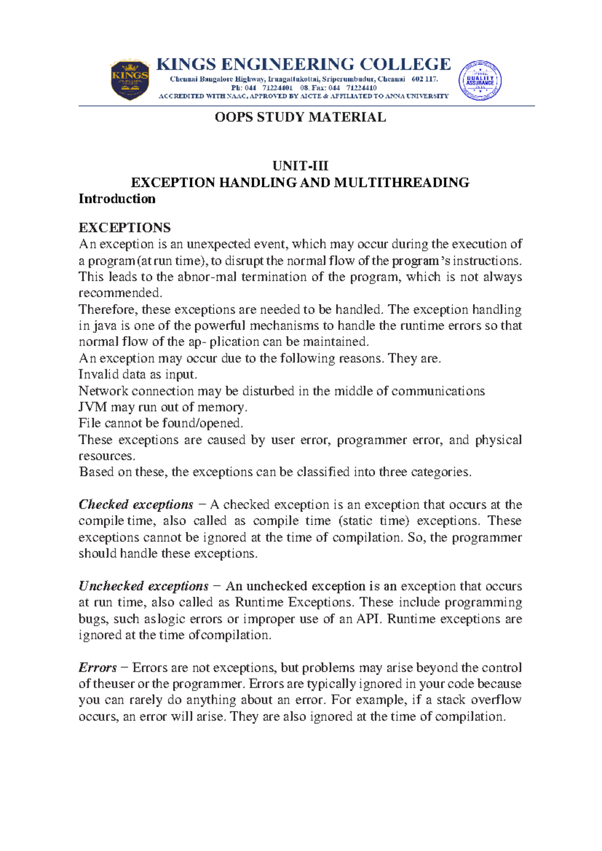 OOPS Study Material UNIT 3 - OOPS STUDY MATERIAL UNIT-III EXCEPTION HANDLING AND MULTITHREADING ...