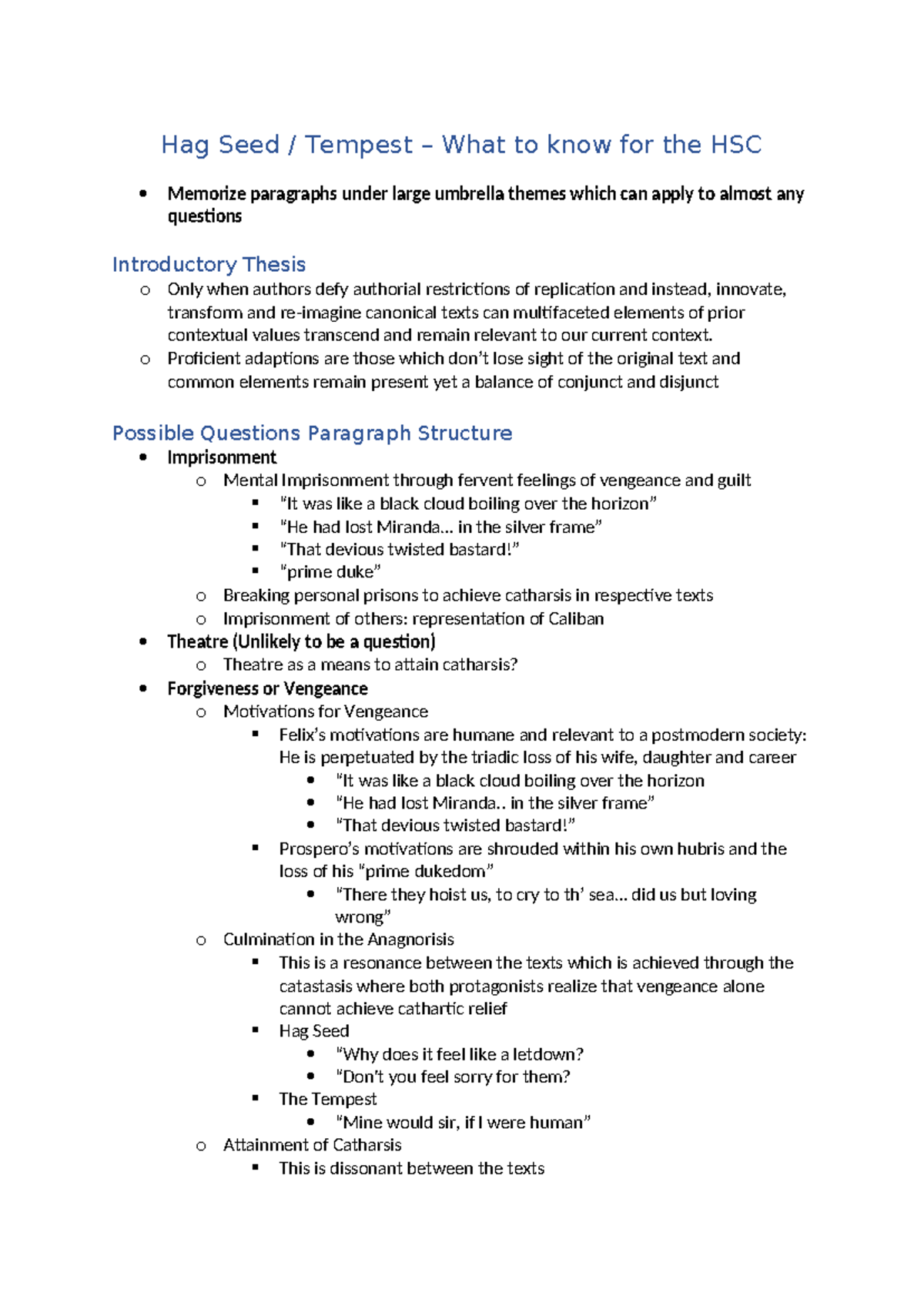 HSC Study Notes: Hag Seed & The Tempest - Key Themes & Analysis - Studocu