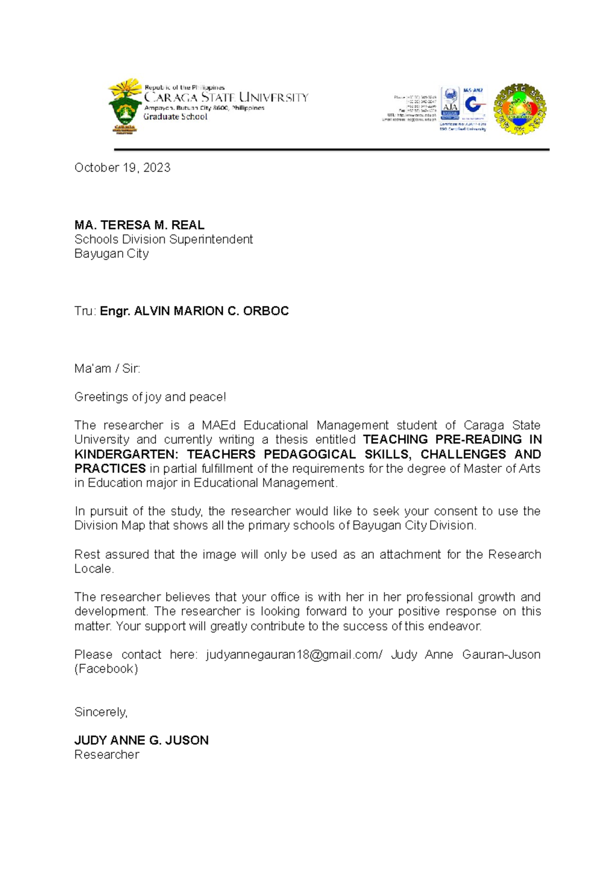 MAED 505: Request Letter for Thesis Research on Pre-Reading Education ...