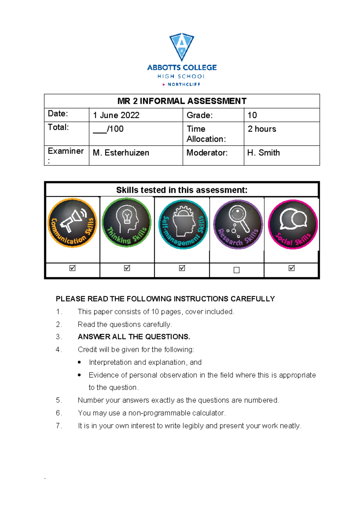 Abbots Northclif GR 10 MR 2 Informal Assessment June Exam 2022 - Studocu