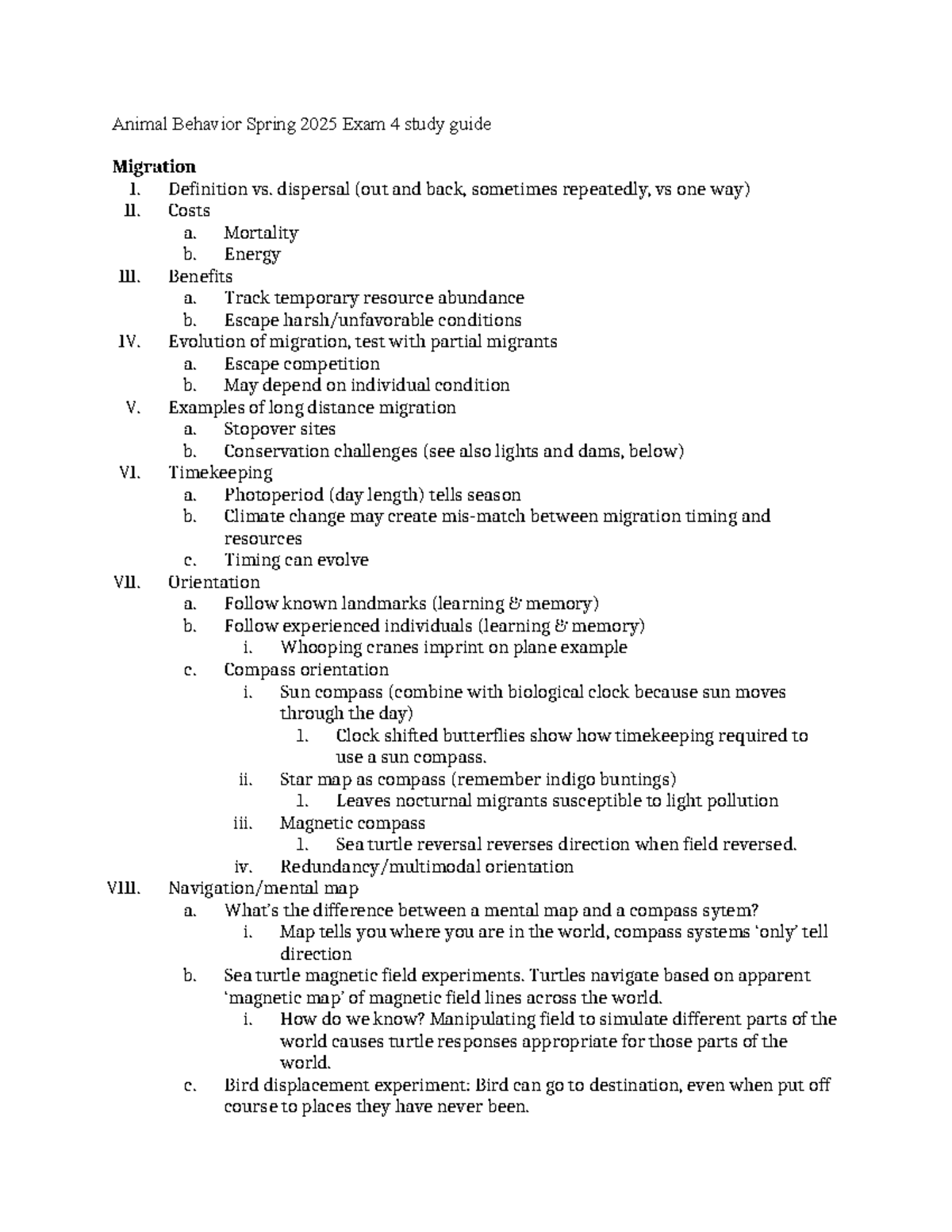 Animal Behavior Spring 2025 Exam 4 Study Guide on Migration ...