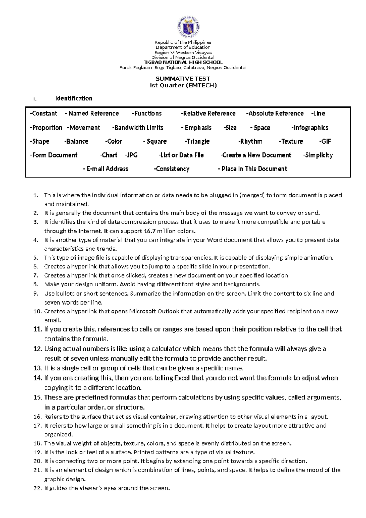 EMTECH 1st Quarter Summative Test - Tigbao National High School - Studocu