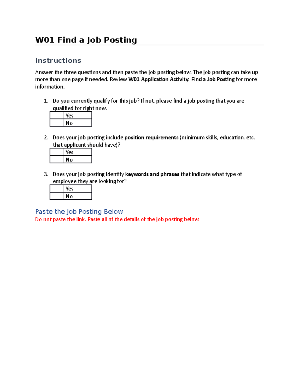 PC102 W01 Application Activity: Job Posting Template Instructions - Studocu