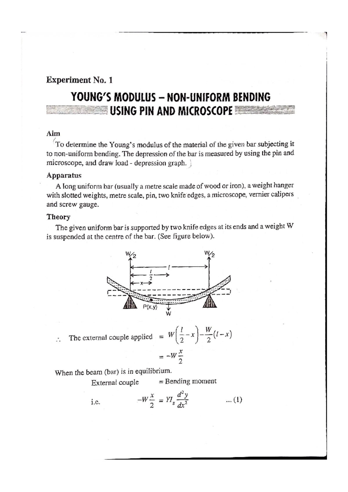 Young's modulus non uniform bending - Experiment No. 1 MODULUS BENDING ...