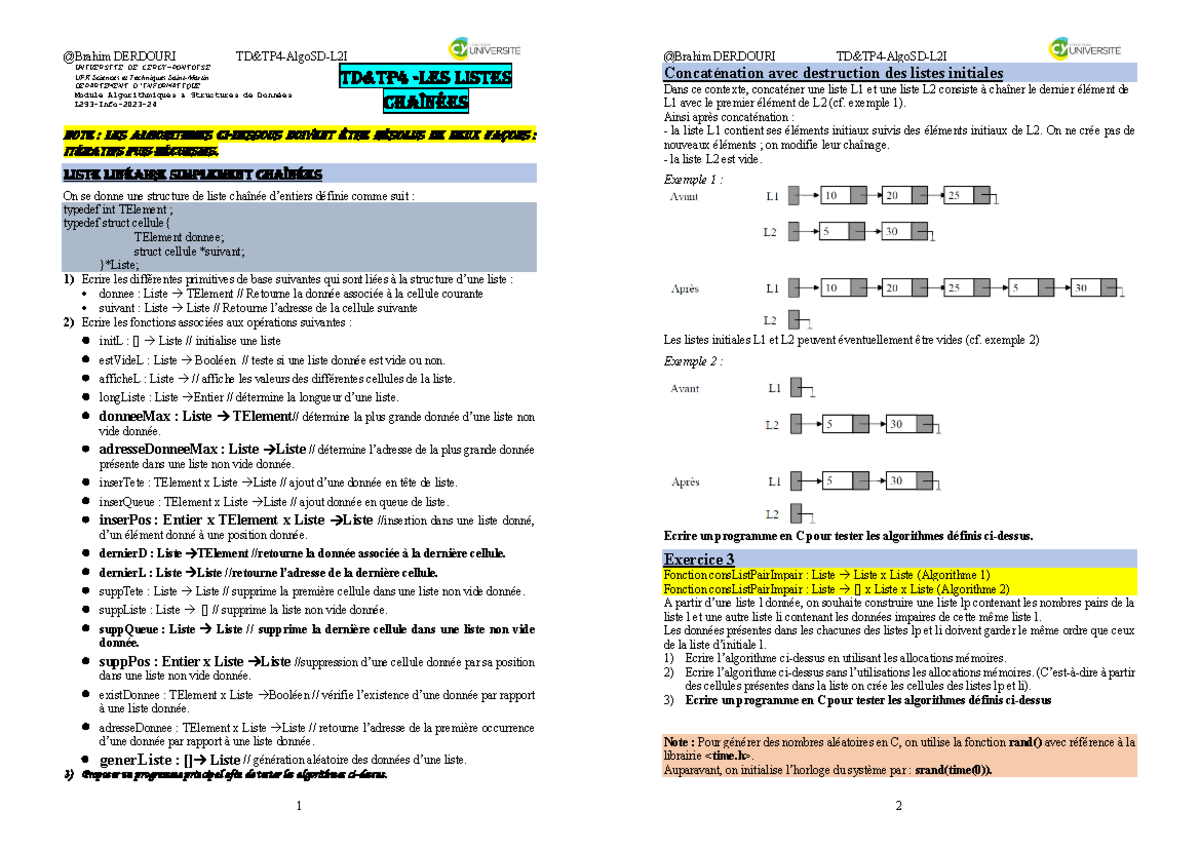 TD4 L2S3 2P 16Octobre 2023 - @Brahim DERDOURI TD&TP4-AlgoSD-L2I 1 UNIVERSITE DE CERGY-PONTOISE ...