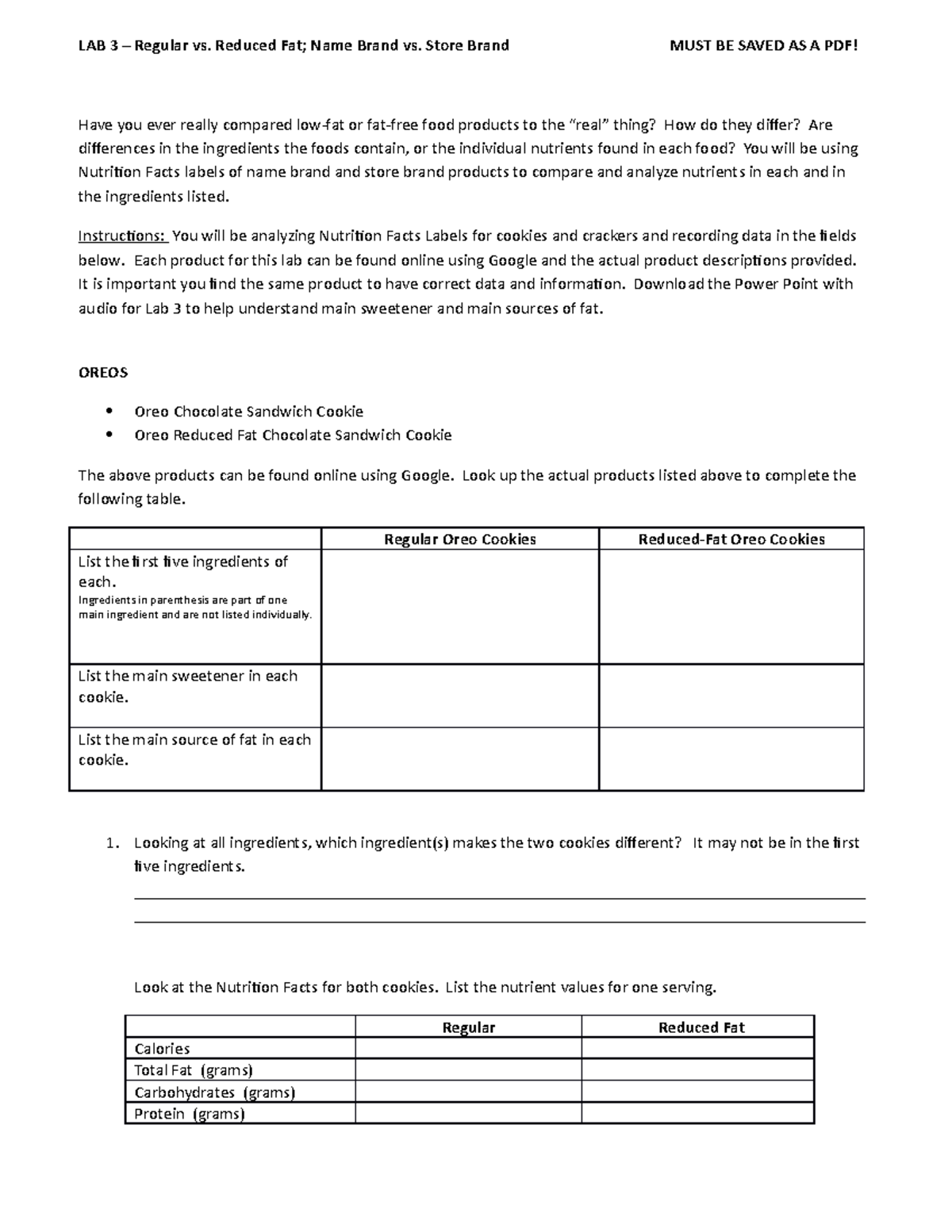 Lab 3: Nutrient Analysis of Regular vs Reduced Fat Products - Spr 21 ...