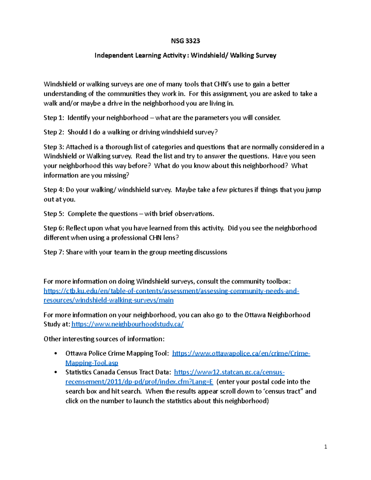 21F windshield walking survey Learning Activity - NSG3105 - uOttawa ...