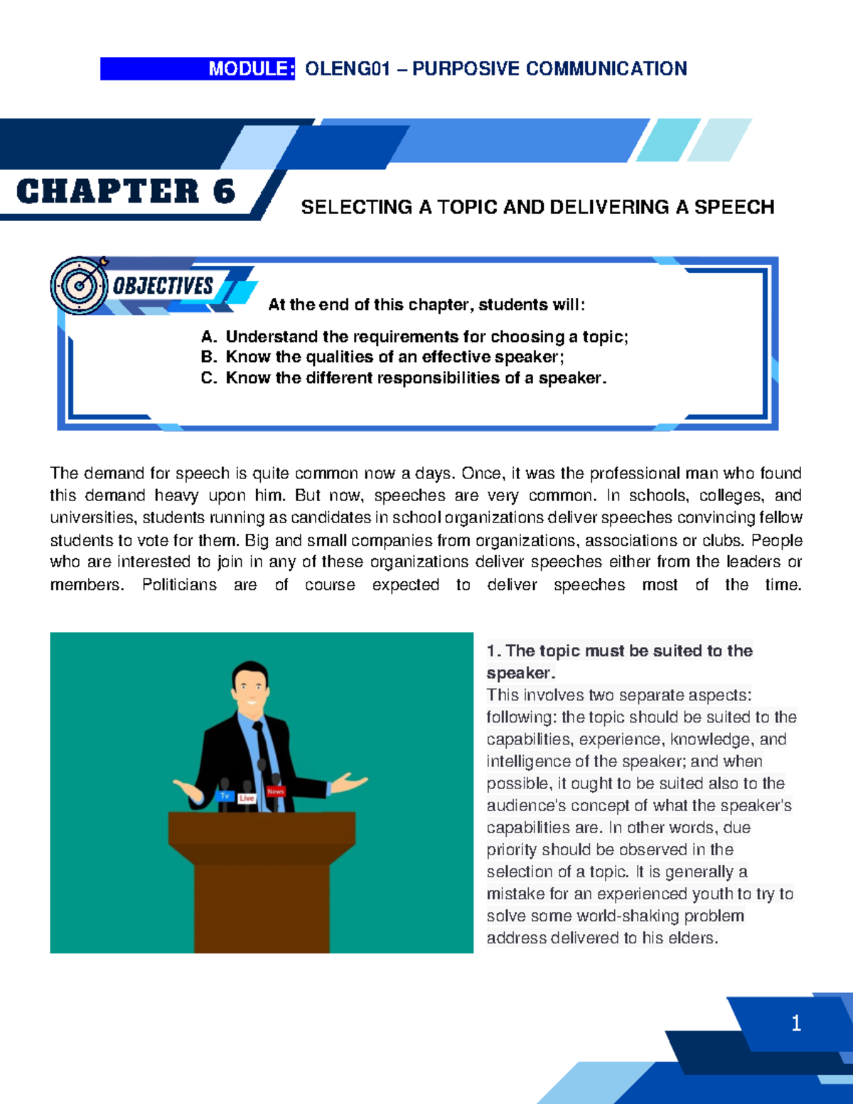 OLENG01: Purposive Communication - Topic Selection & Speech Delivery ...