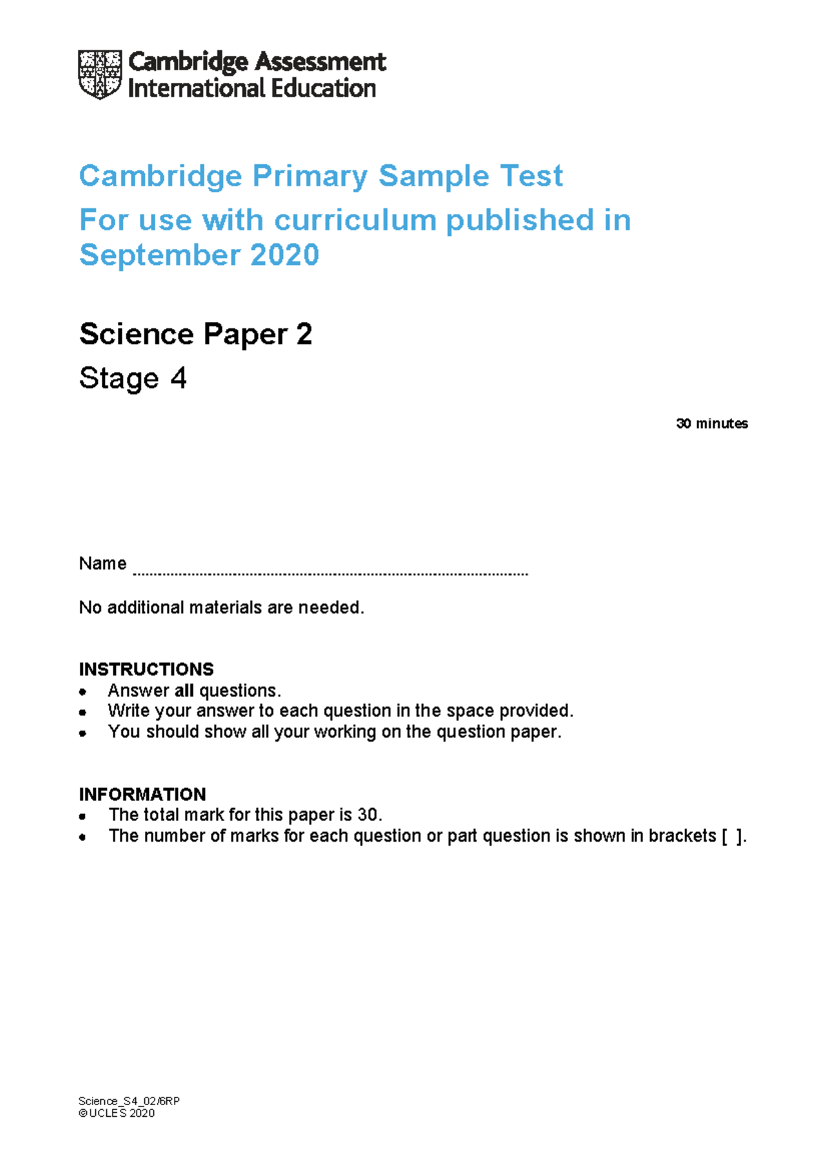 Science Stage 4 Sample Test Paper 2 (30 mins) - UCLES 2020 - Studocu