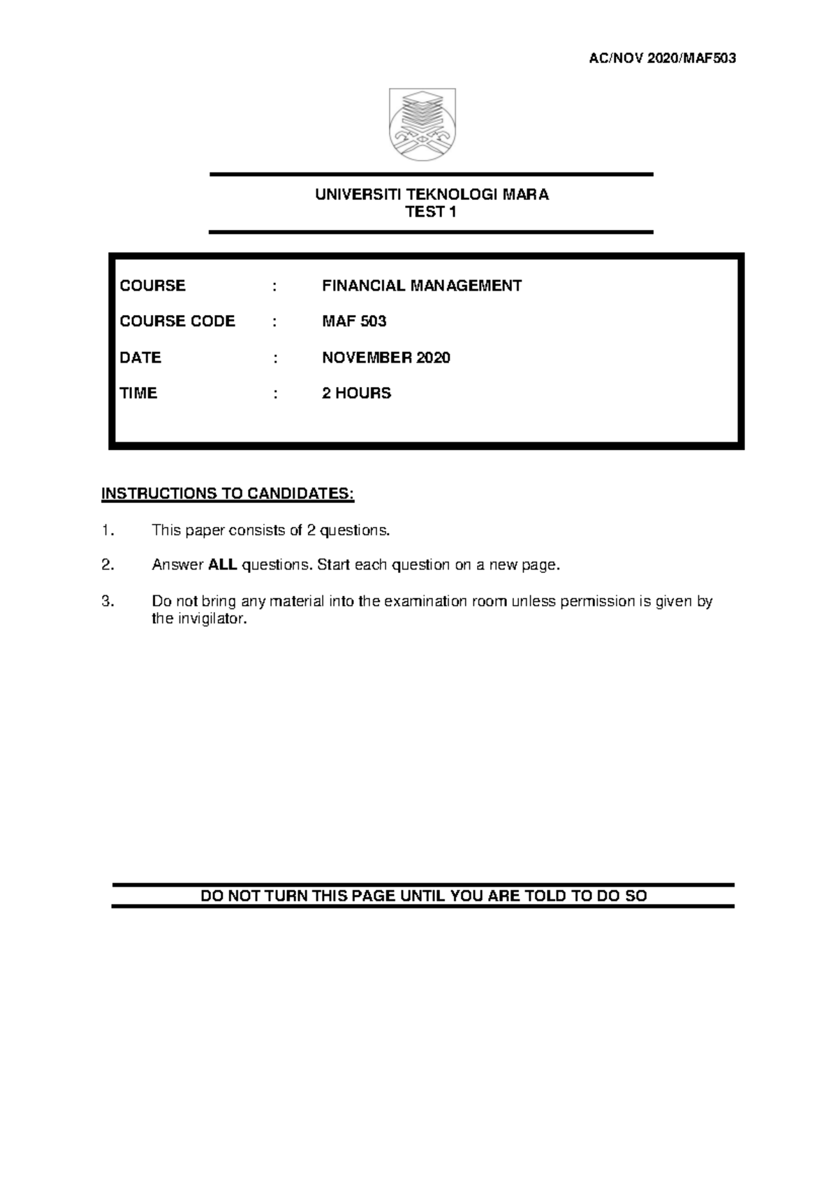 MAF 503 Test 1: Financial Management Exam Paper - Nov 2020 - Studocu