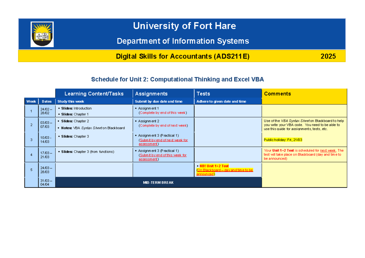 Unit 2 Schedule: Computational Thinking & Excel VBA (ADS211E) 2025 - Studocu