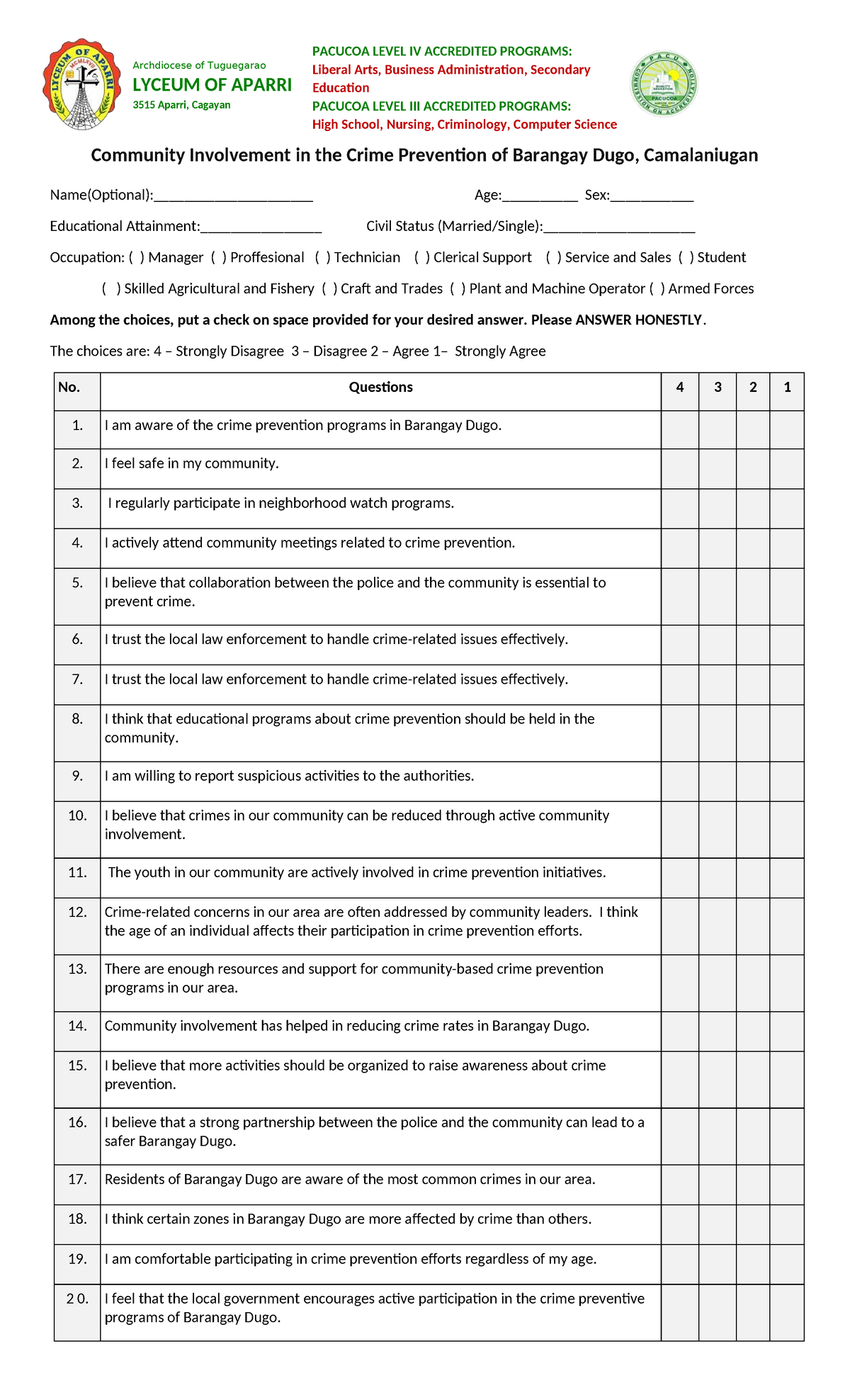 Community Involvement Questionnaire for Crime Prevention Programs - Studocu