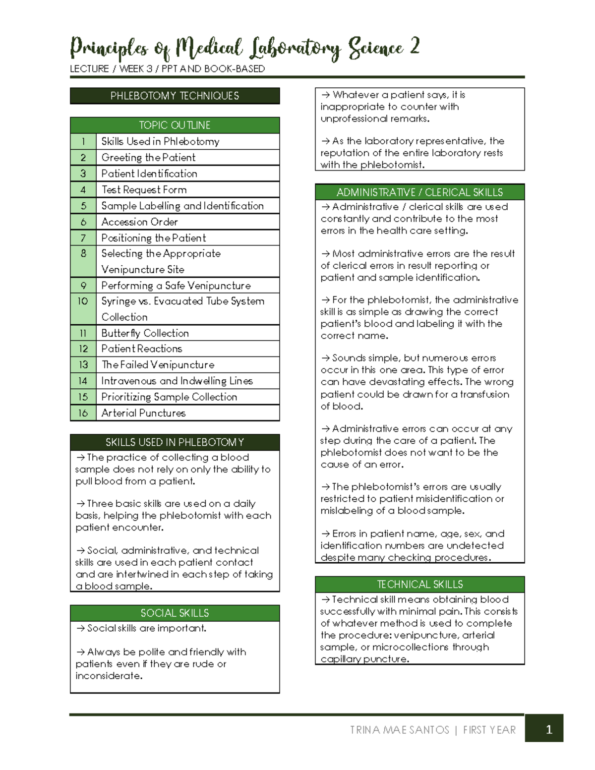 Phlebotomy Techniques - Lecture Notes for Week 3 (PHT 101) - Studocu