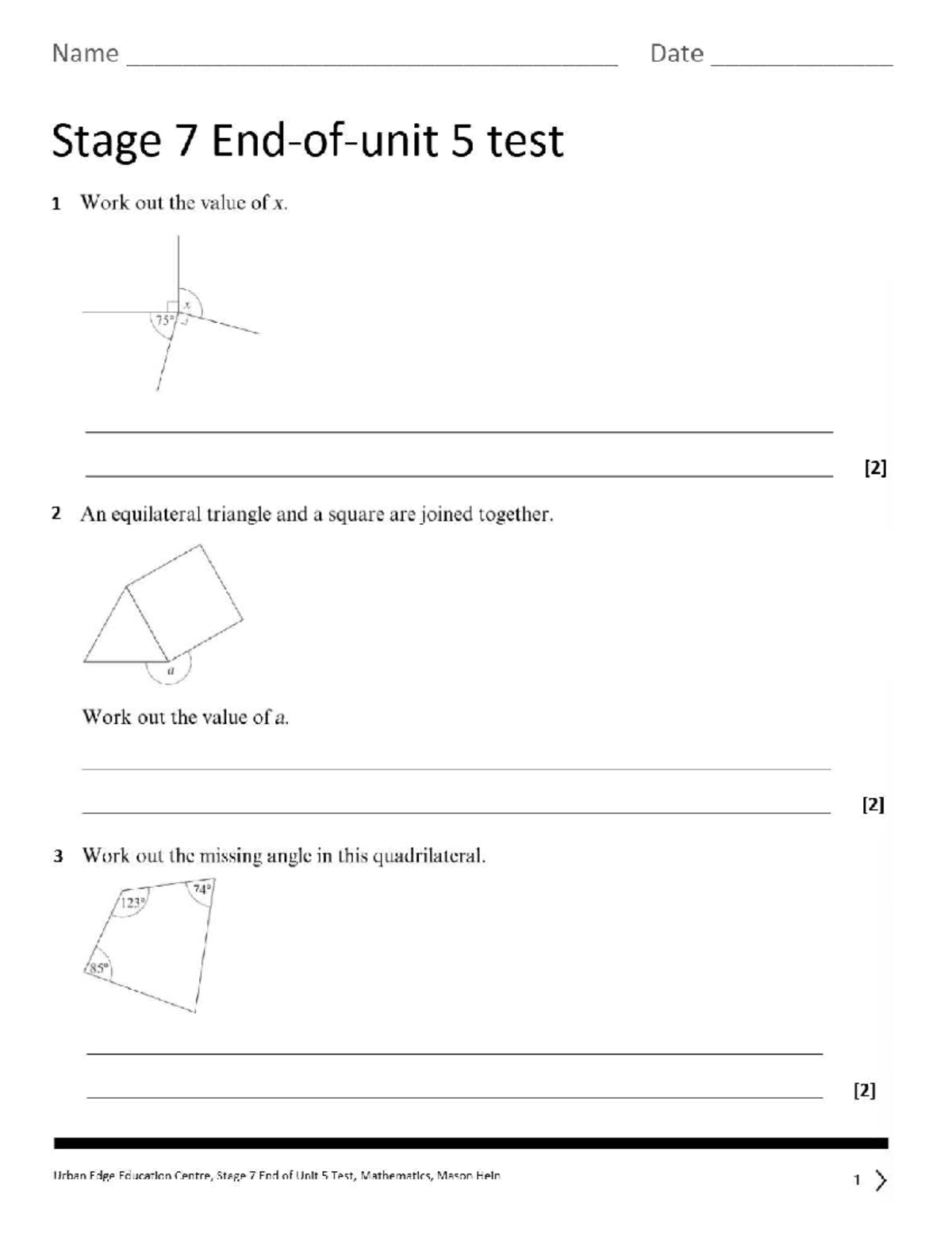 Stage 7 End of Unit 5 Math Test: Angle Calculations and Equations - Studocu