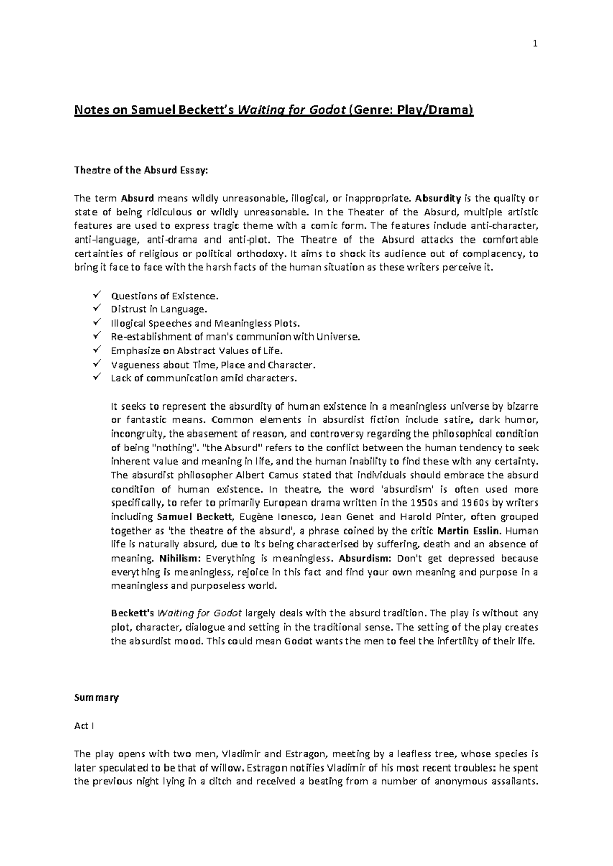 ENG 101: Essay Notes on Samuel Beckett's Waiting for Godot - Studocu