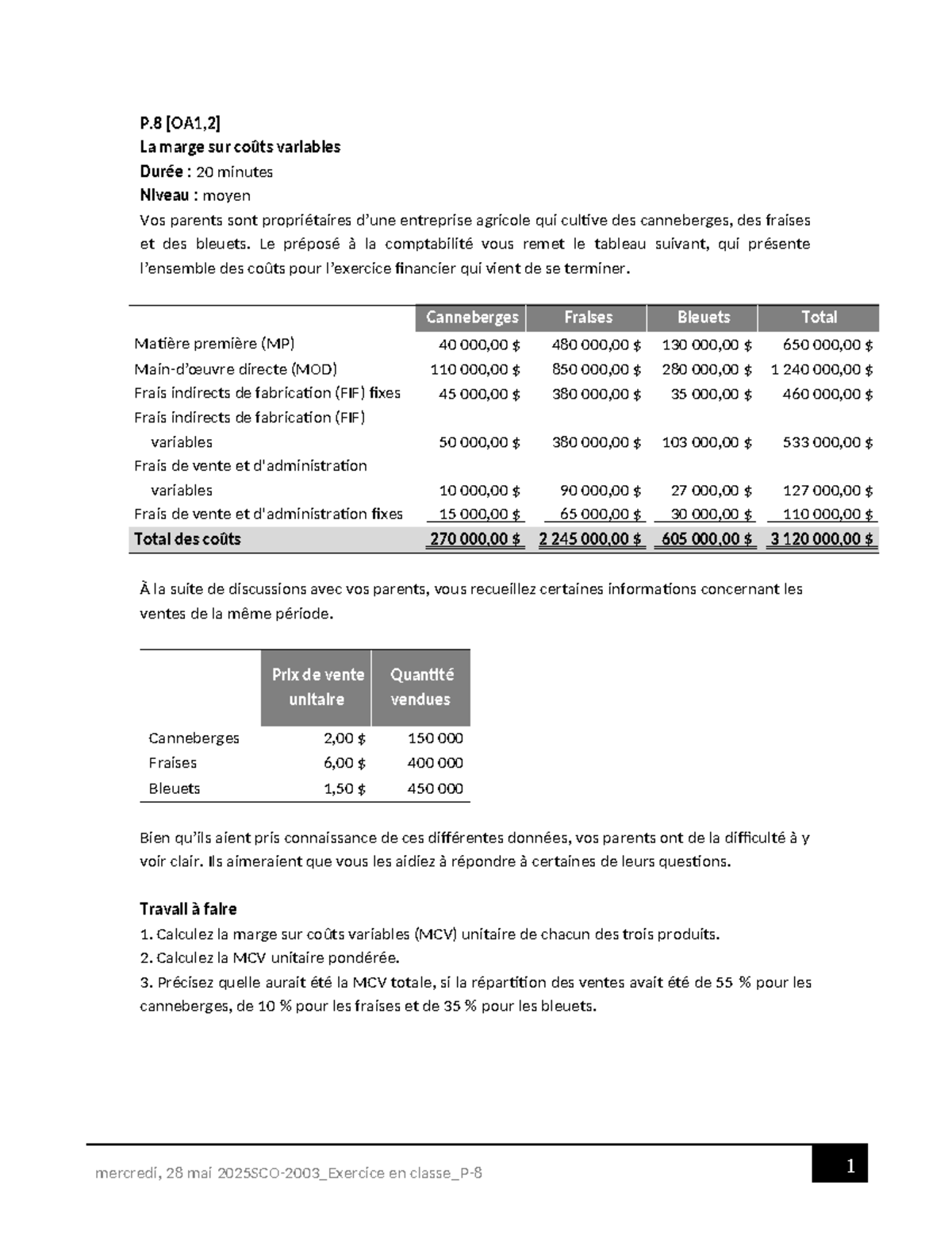 SCO-2003 Exercice en classe P-8 : Calcul de la Marge sur Coûts ...