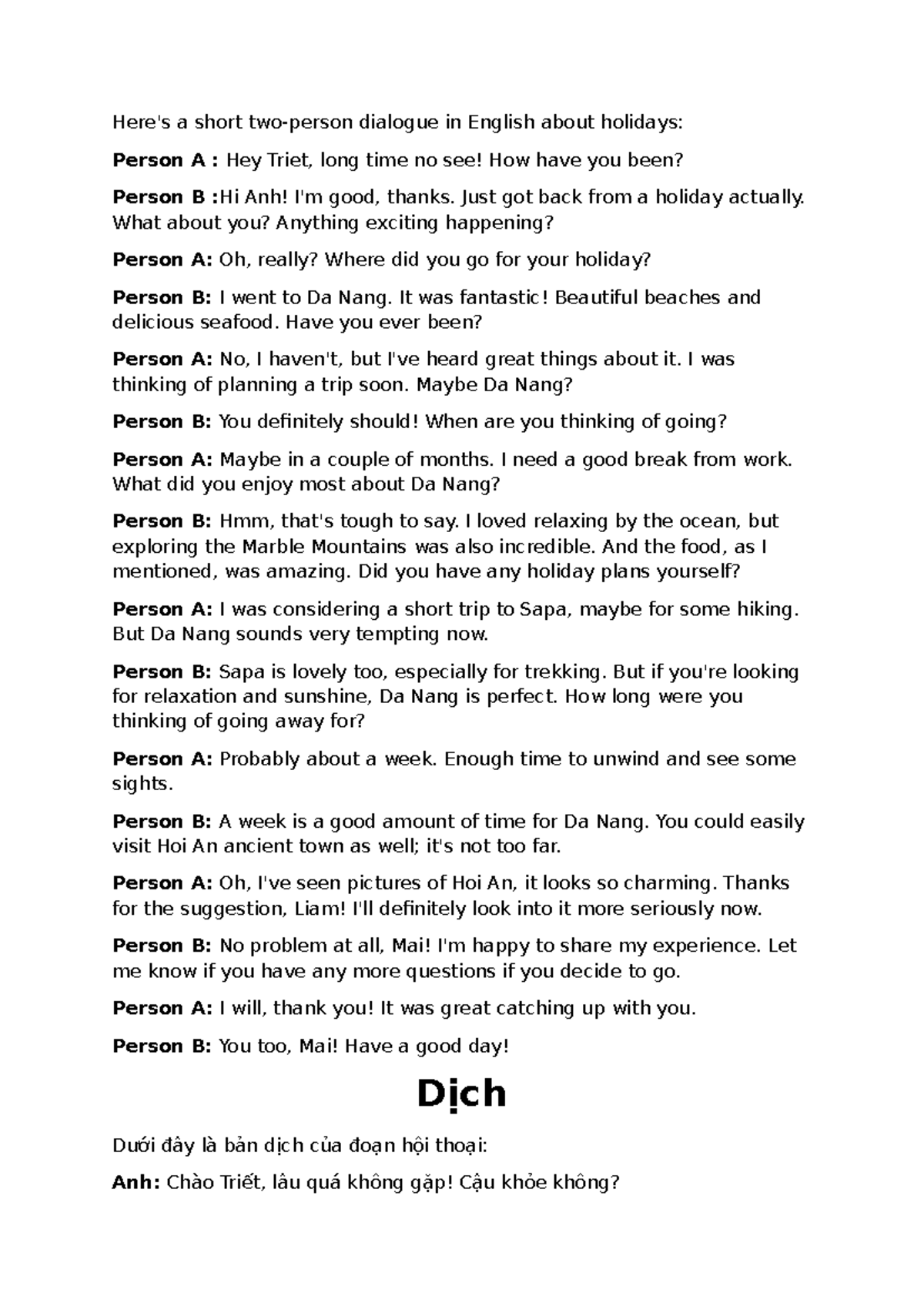 English Dialogue on Holidays: A Conversation Between Friends - Studocu