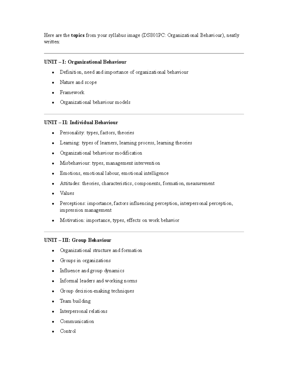 DS801PC: Organizational Behaviour Final Exam Study Guide - Studocu