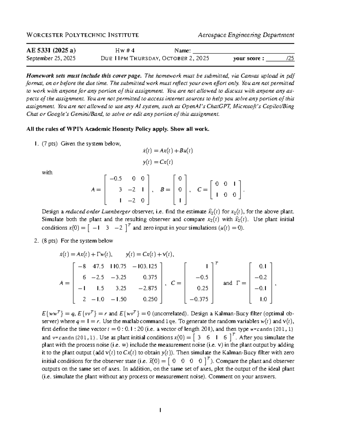 AE 5331 Homework #4: Observer Design & Simulation Techniques - Studocu