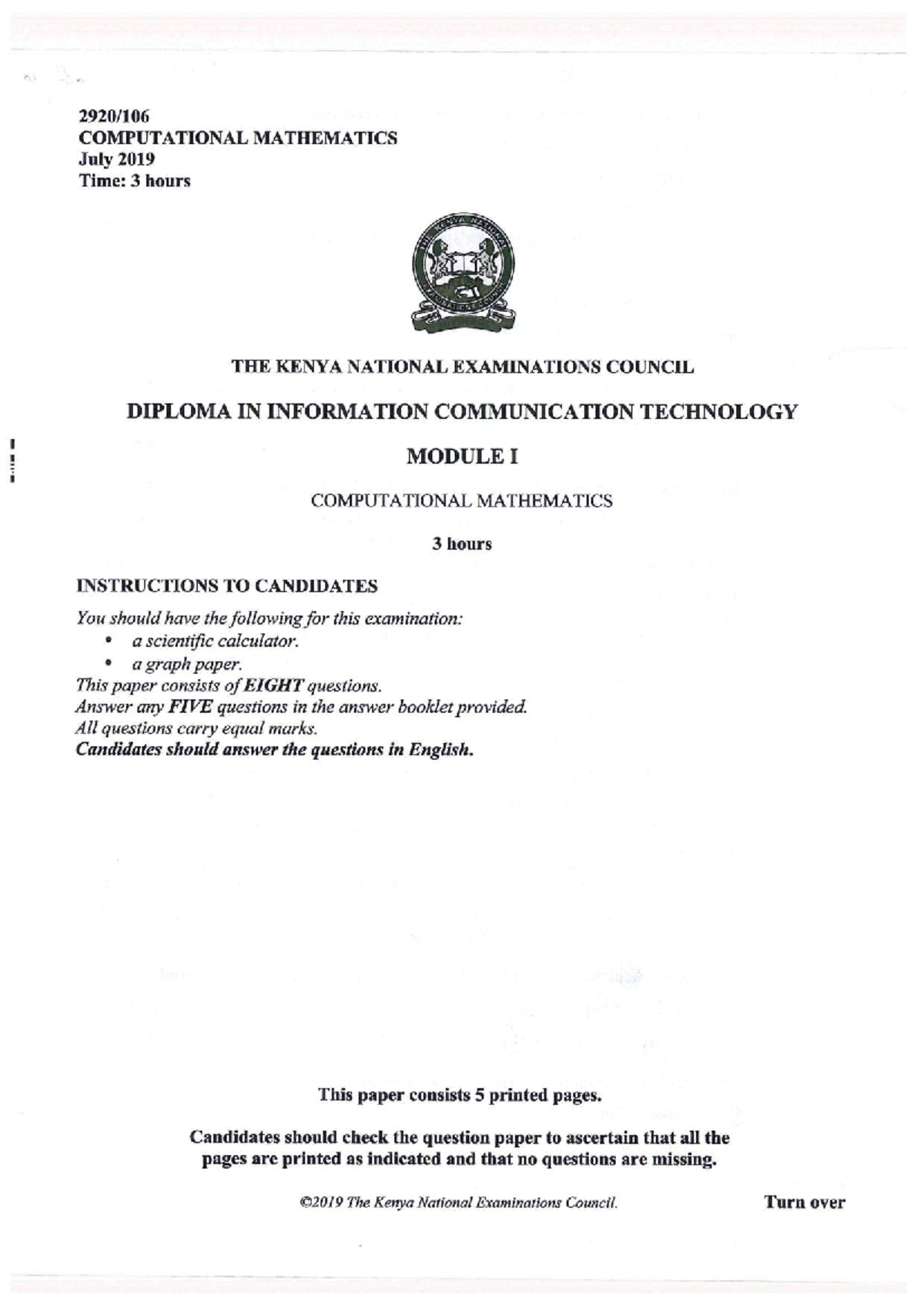 DIPLOMA IN ICT: COMPUTATIONAL MATHEMATICS KNEC PAST PAPER 2019 - Studocu