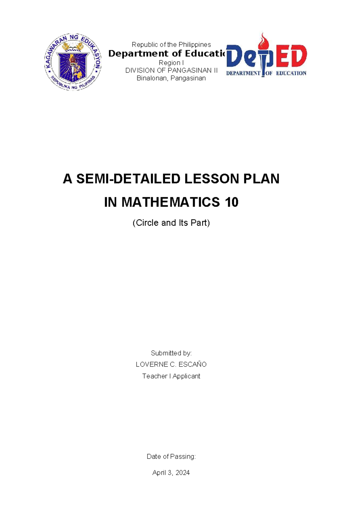 Mathematics 10 Lesson Plan: Understanding Circles and Their Parts - Studocu