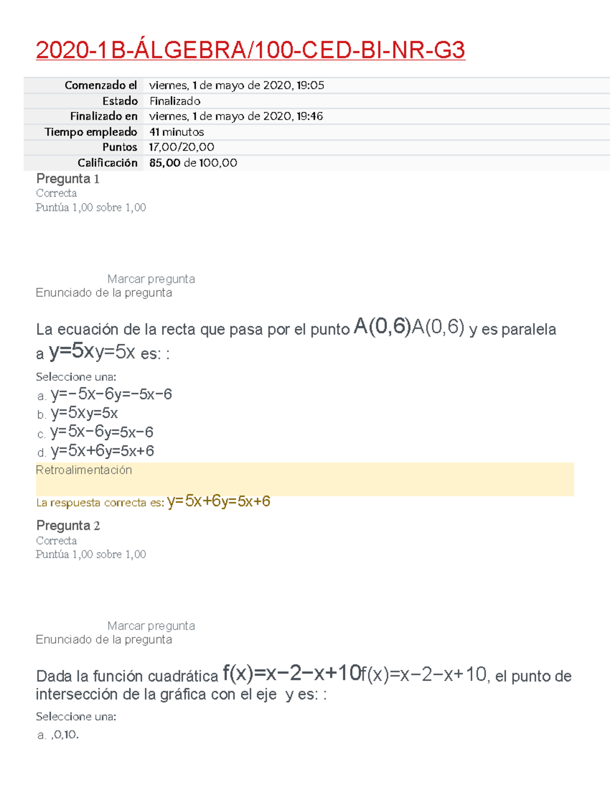 Prueba de Álgebra 1: Evaluación de Preguntas y Respuestas - Studocu