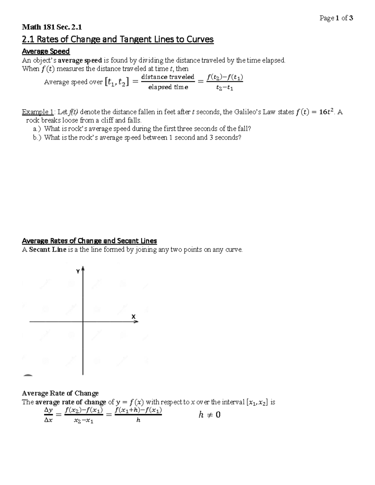 Math 181 Sec. 2.1 Notes: Rates of Change & Tangent Lines - Studocu